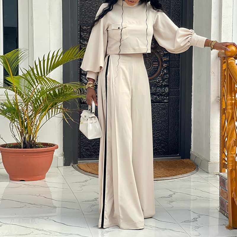 Women's Fashion Casual Half-high Collar Long Sleeves Top Wide Leg Pants ...