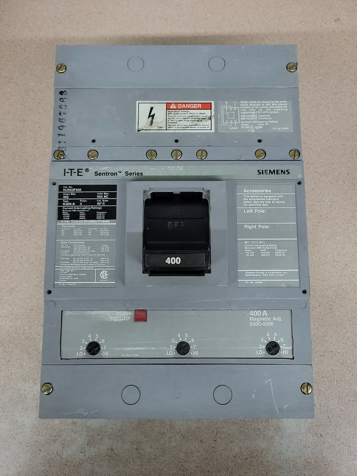 ITE HJD63F400 Circuit Breaker 400 Amp 3 Pole 600 Volt 400 Amp Trip HJD ...
