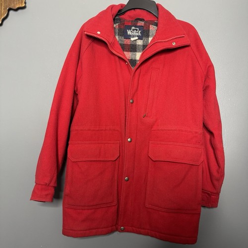 Woolrich Womens Wool Chore Jacket Red Coat Plaid Lined Hooded Size L ...