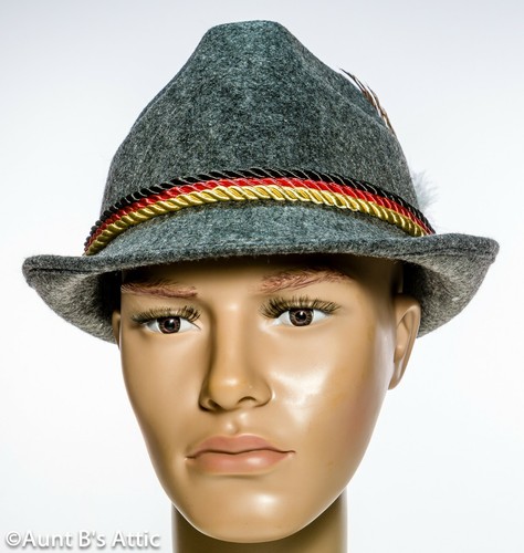 German Alpine Tyrolean Oktoberfest Hat Gray Polyester Felt W/ Cord ...