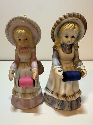 Vintage Sewing Caddy Girl Figurine Pincushion Hat and Spool of Thread ...