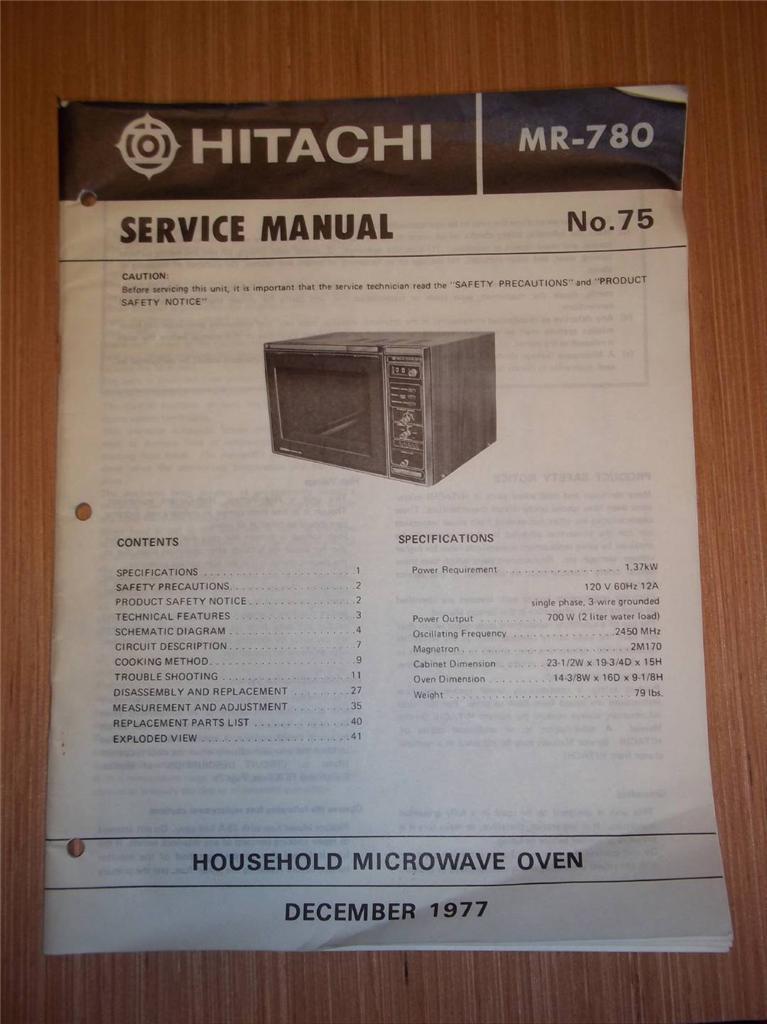 Hitachi Service Manual~MR-780 Microwave Oven 1977~Original Manual | eBay