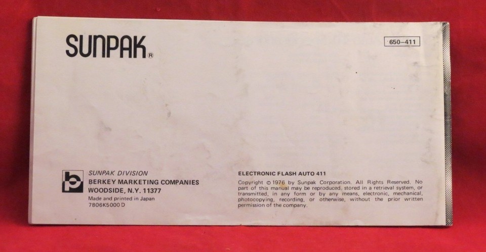 Vintage Sunpak Auto 411 Electronic Flash Unit Instruction Booklet | eBay