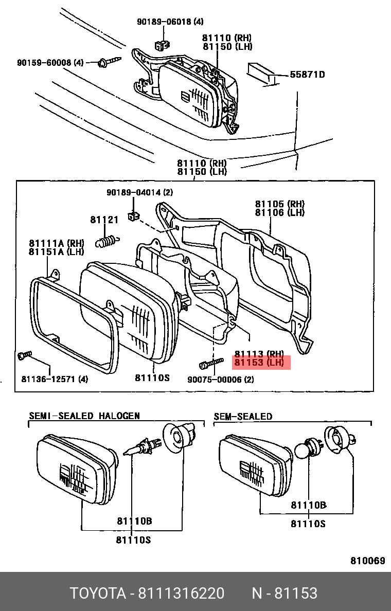 Genuine OE ring, sealed beam mounting, no.1 right, 8111316220 for ...
