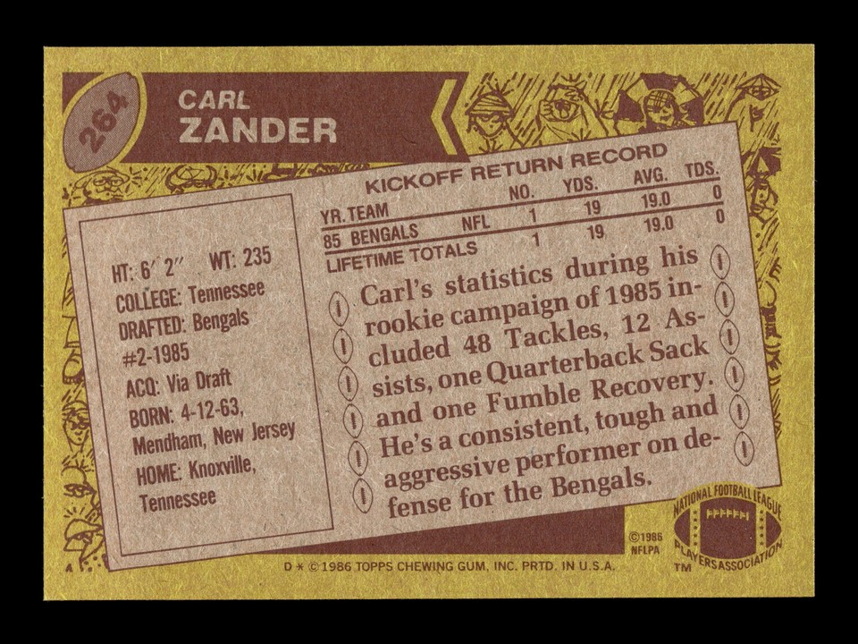 Carl Zander 1986 Topps NFL Football #264 RC Rookie Cincinnati Bengals ...