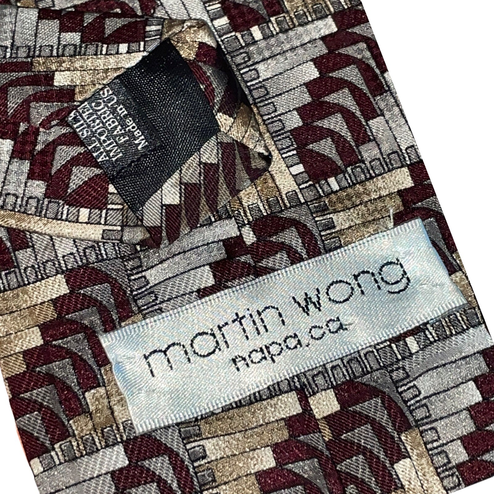 MARTIN WONG SILK BLACK GRAY BLUE KHAKI GEOMETRIC SILK NECKTIE TIE 57”x ...