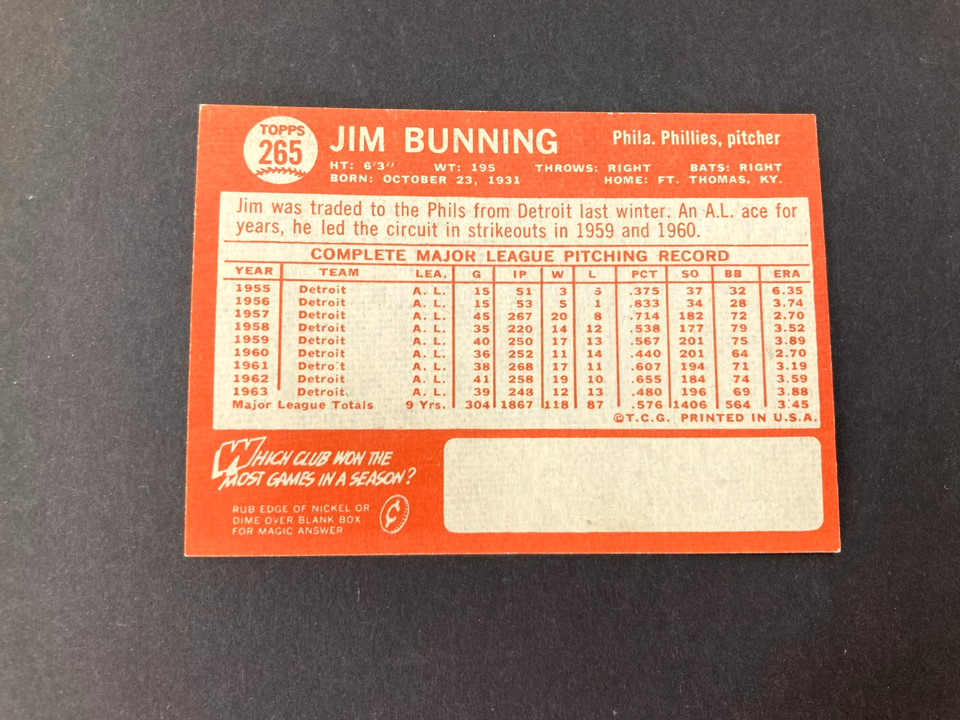 1964 Topps Baseball #265 Jim Bunning Phillies HOF, EX+ | eBay