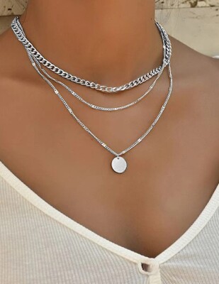Triple Layer Chain Circle Pendant Necklace Layered Silver Buy One Get ...