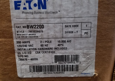 Eaton BW2200 Br Series Replacement Main Breaker, 200A 786676460552| eBay