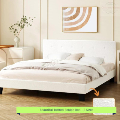Teddy Luxe Soft Boucle Fabric Tuffted White Bed | White Upholstered ...