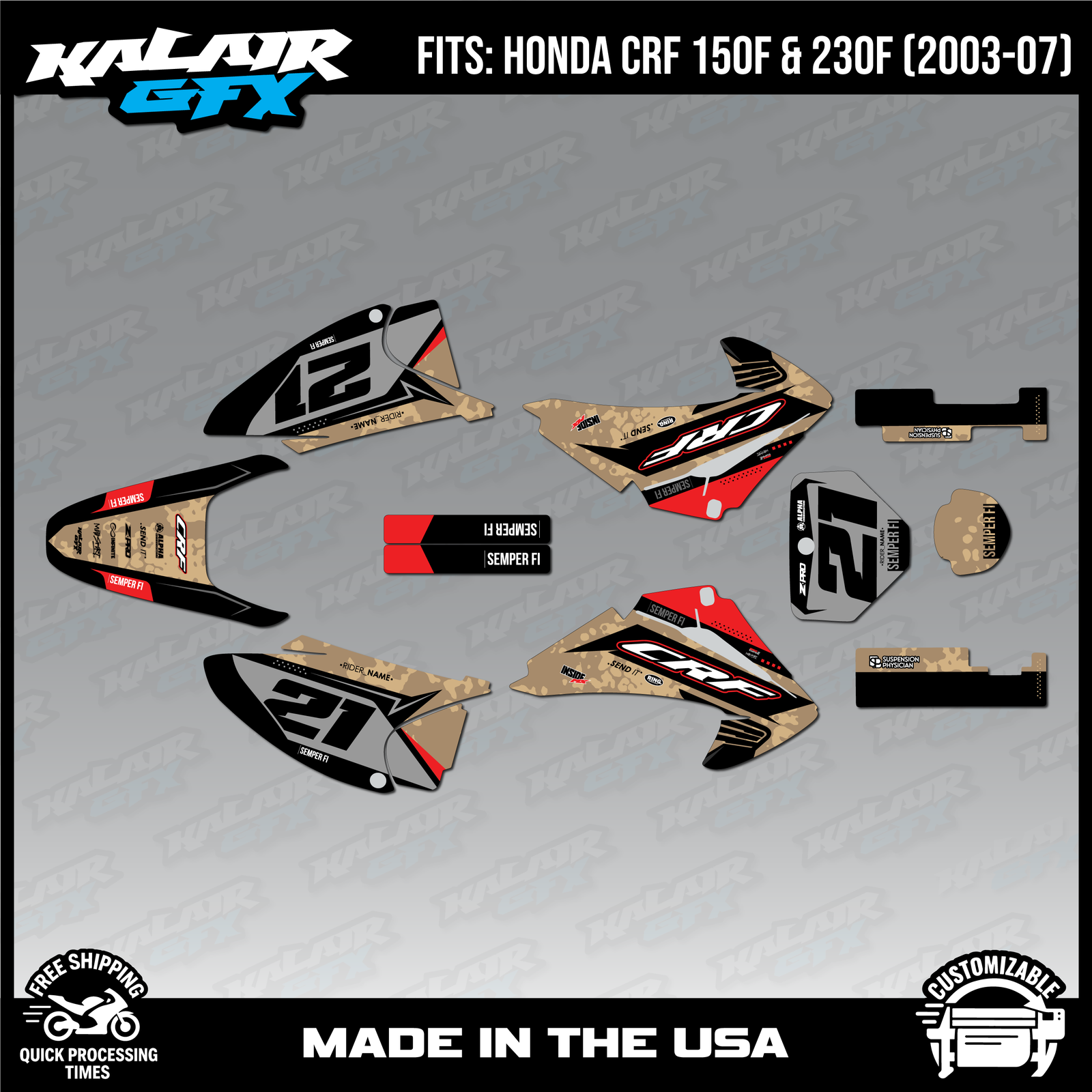 Graphics Kit for HONDA CRF150F CRF230F (2003-2007) Semperfi - RED | eBay