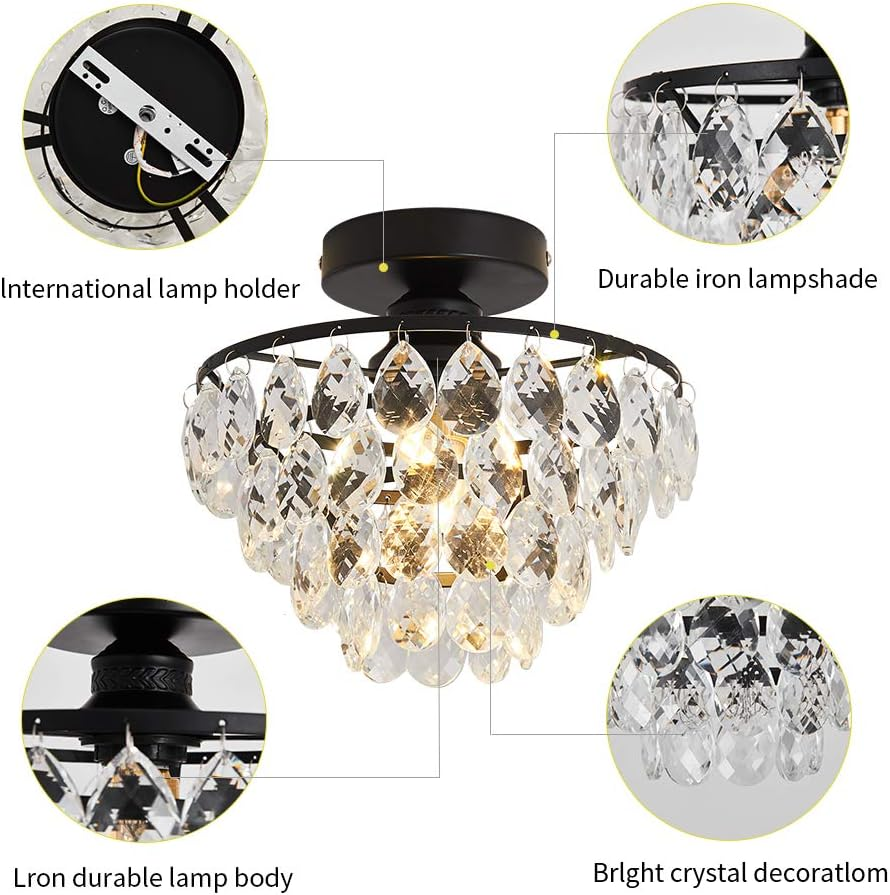 Modern Small Crystal Ceiling Light Fixture Mini Black Semi Flush Mount ...