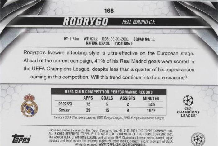 2023-24 Topps UEFA Club Competitions Rodrygo #168 for sale | eBay