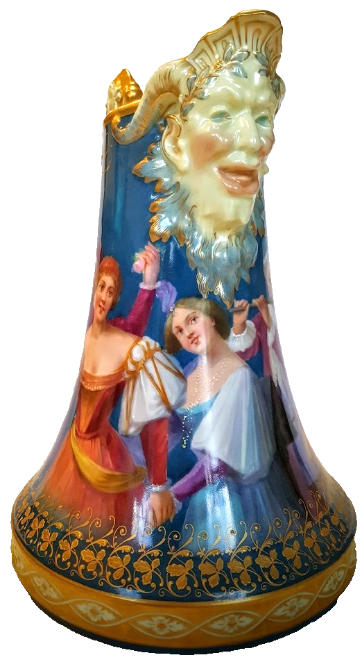 THE BEST HAND PAINTED PITCHER WITH DANCE SCENE, MUSICIANS, SATYR HEAD ...