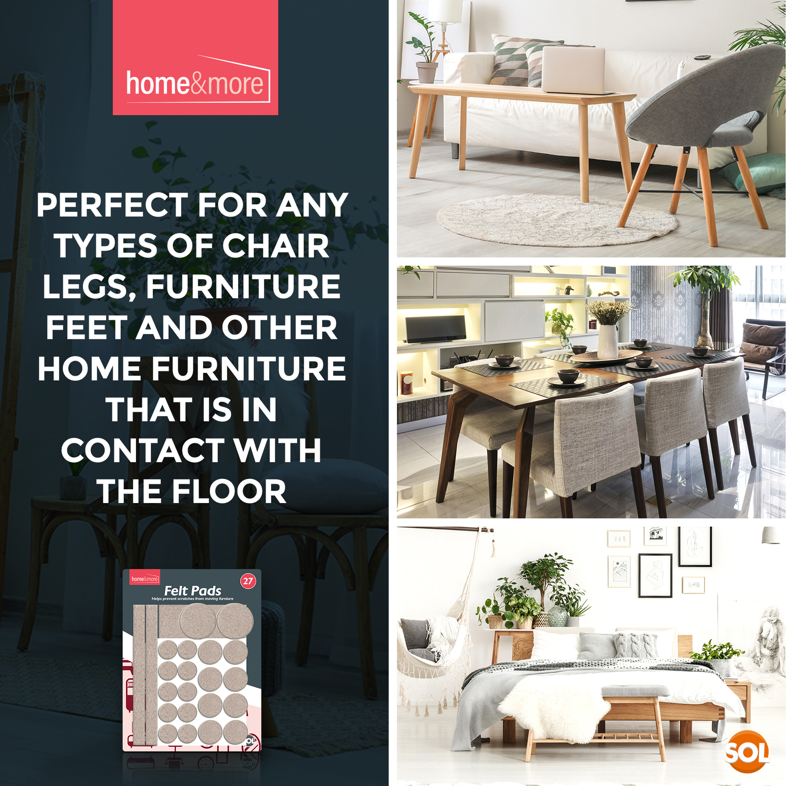 27 Felt Pads Self Adhesive Sticky Wood Furniture Floor Chair Legs ...