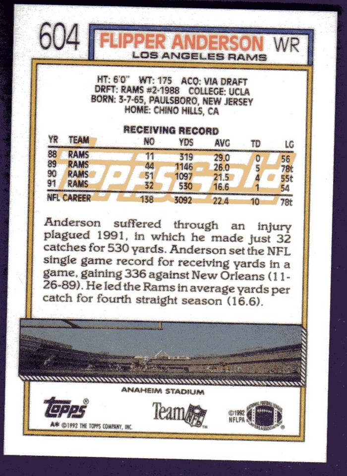 1992 Topps #604 Flipper Anderson Los Angeles Rams | eBay