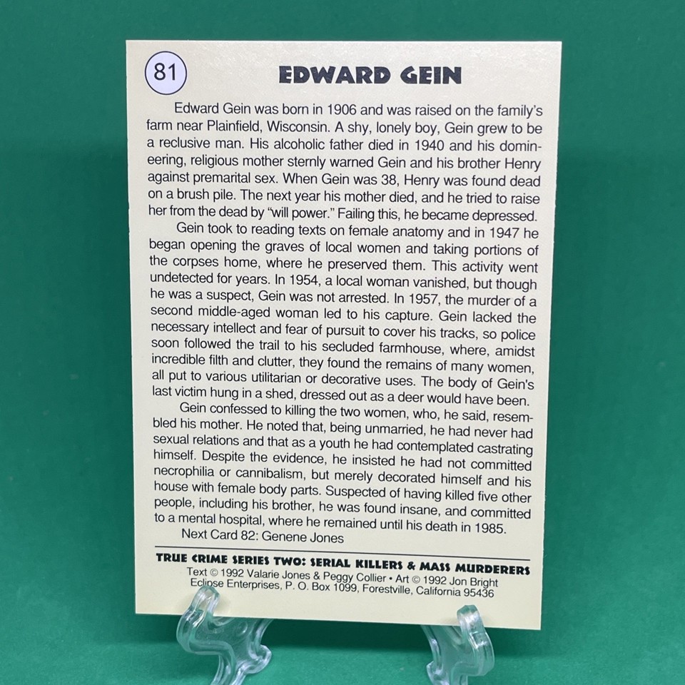 Ed Gein True Crime Eclipse Serial Killer Trading Card 1992 #81 Edward ...