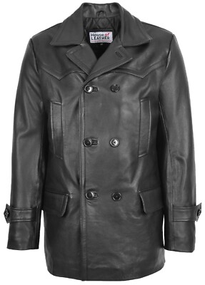 Mens BLACK Leather TRENCH Coat Double Breasted Reefer PEACOAT Military ...