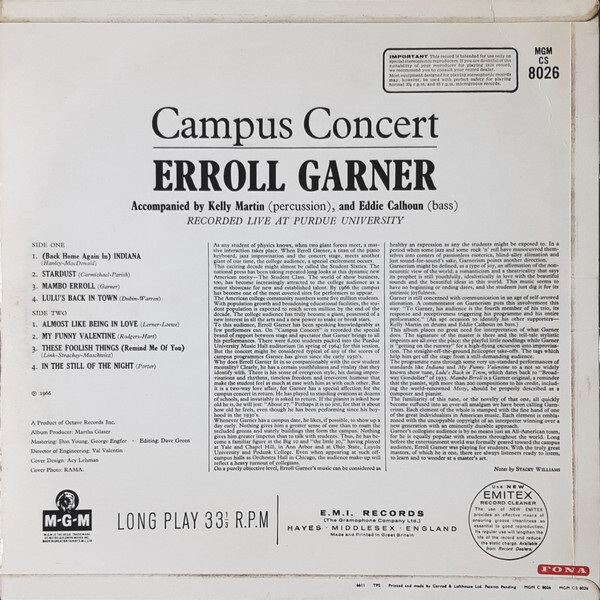 Erroll Garner - Campus Concert 1966 LP MGM Records MGM CS 8026 Very ...
