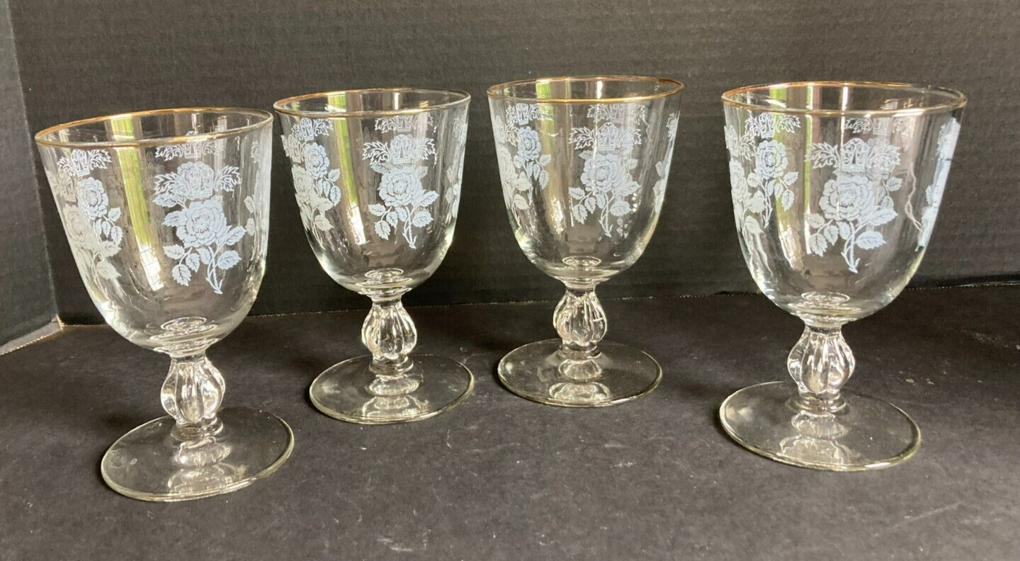 Set of 4 VINTAGE Libbey Wine Glasses w/ White Roses and Crown 5-1/2" VG | eBay