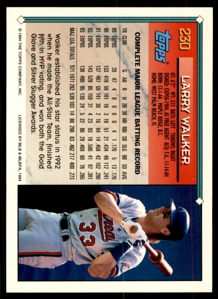 1994 Topps Gold Larry Walker Baseball Cards #230 | eBay