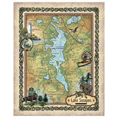 Lake Sunapee New Hampshire Map Art Print Poster Vintage Wall Home Decor ...