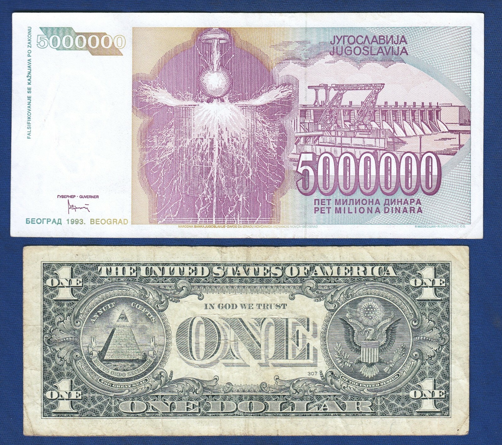 NIKOLA TESLA, Yugoslavia- 5000000 Dinara 1993 + 1 Dollar 2009. USA ...