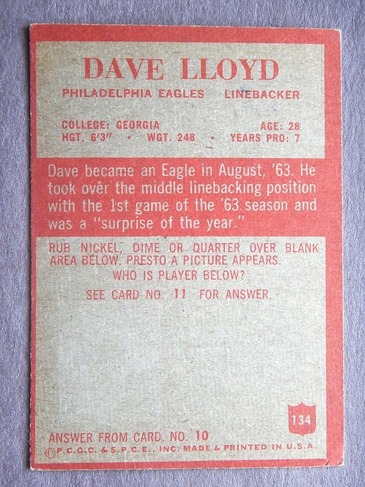 Dave Lloyd #134 Philadelphia 1965 Football Card (Philadelphia Eagles ...