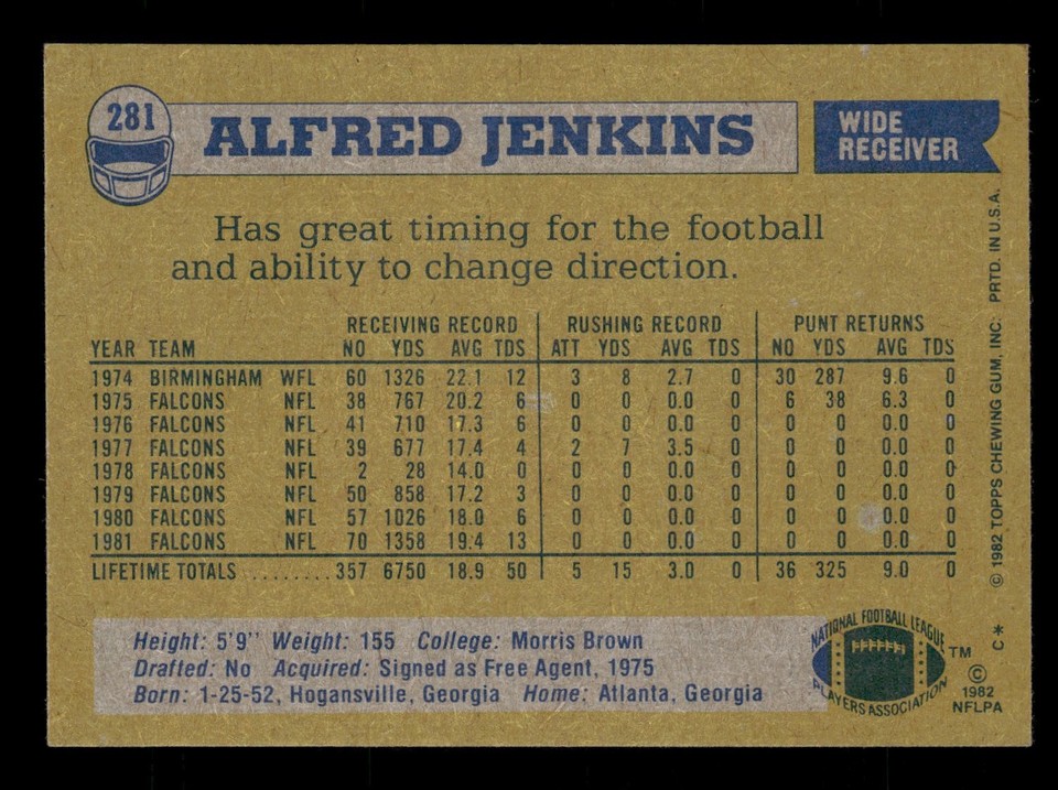 1982 Topps #281 Alfred Jenkins Atlanta Falcons | eBay