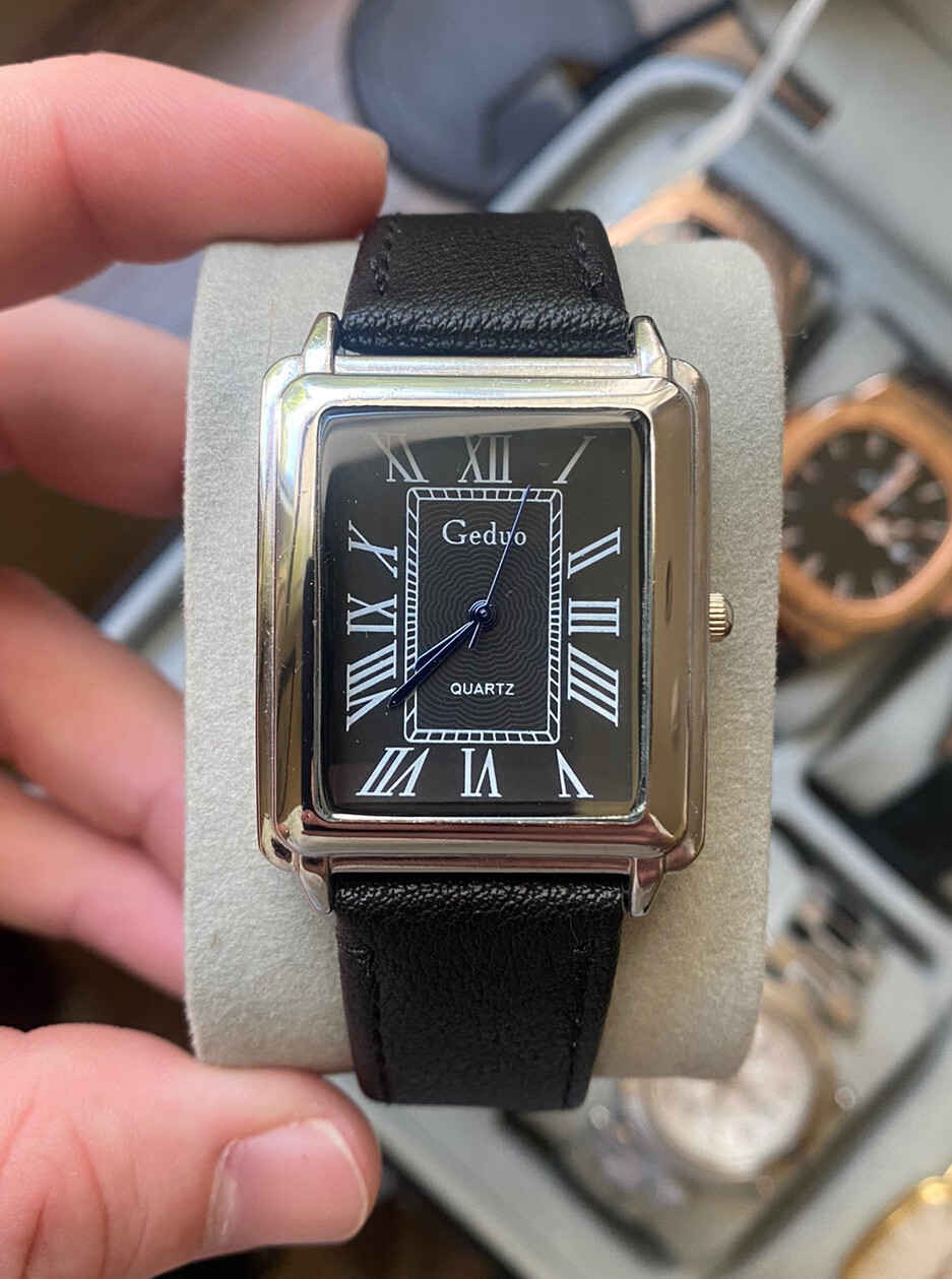 Mens Rectangle Quartz Watch W/ Leather Strap 28mm | eBay