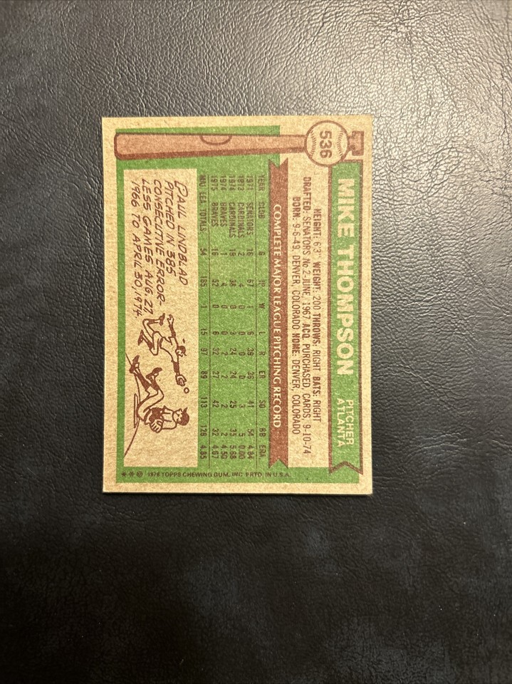 #536 Mike Thompson, Atlanta Braves, 1976 Topps Baseball Card Cb7 | eBay