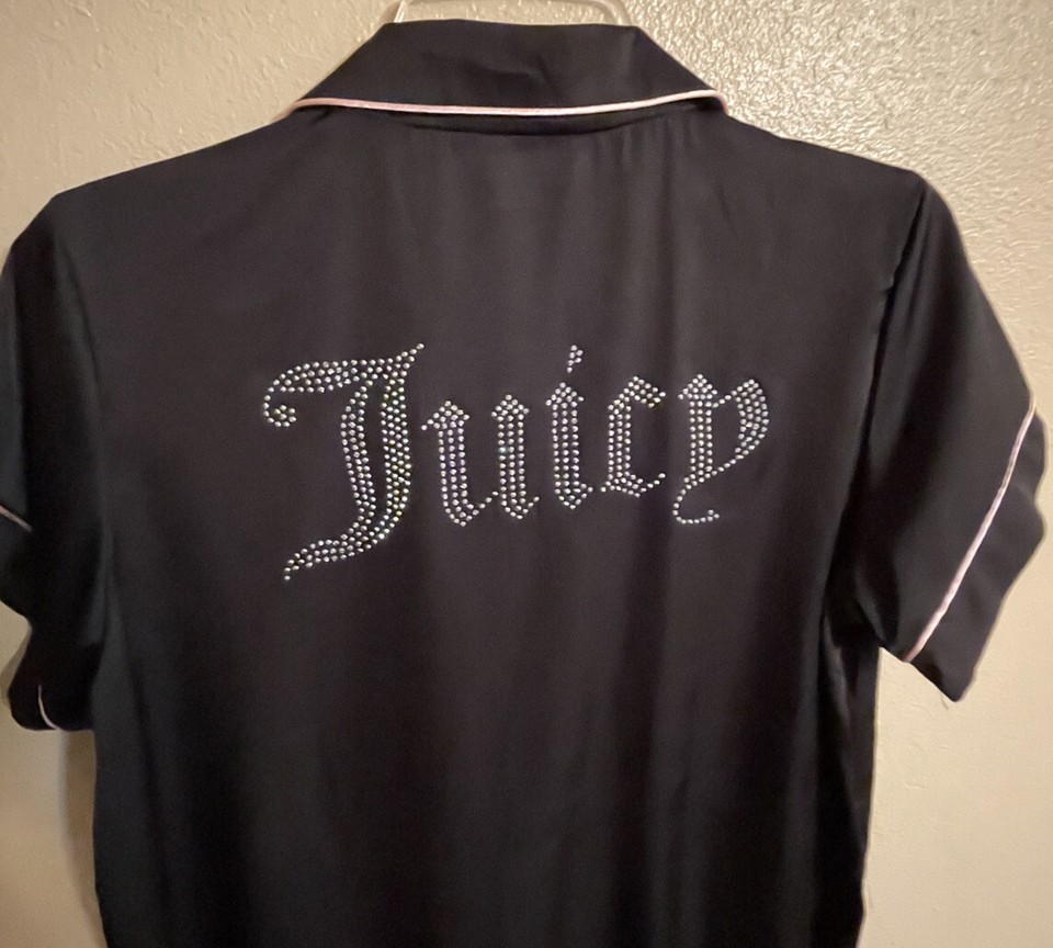 Juicy Couture M Black satin Pink Trim bling Night Gown Sleep Shirt ...