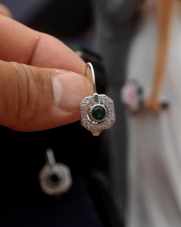 Latch Back Earrings Silver Antique Art Deco Square Cz Green Fine SC3 ...