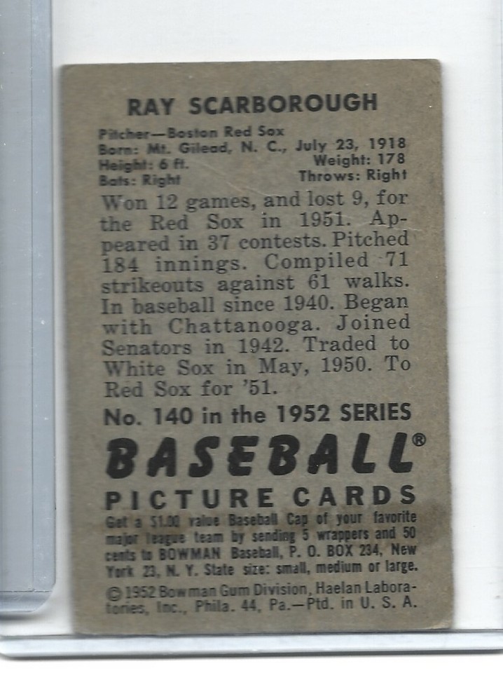 1952 Bowman Baseball Card #140 Ray Scarborough - Red Sox - nice circ ...