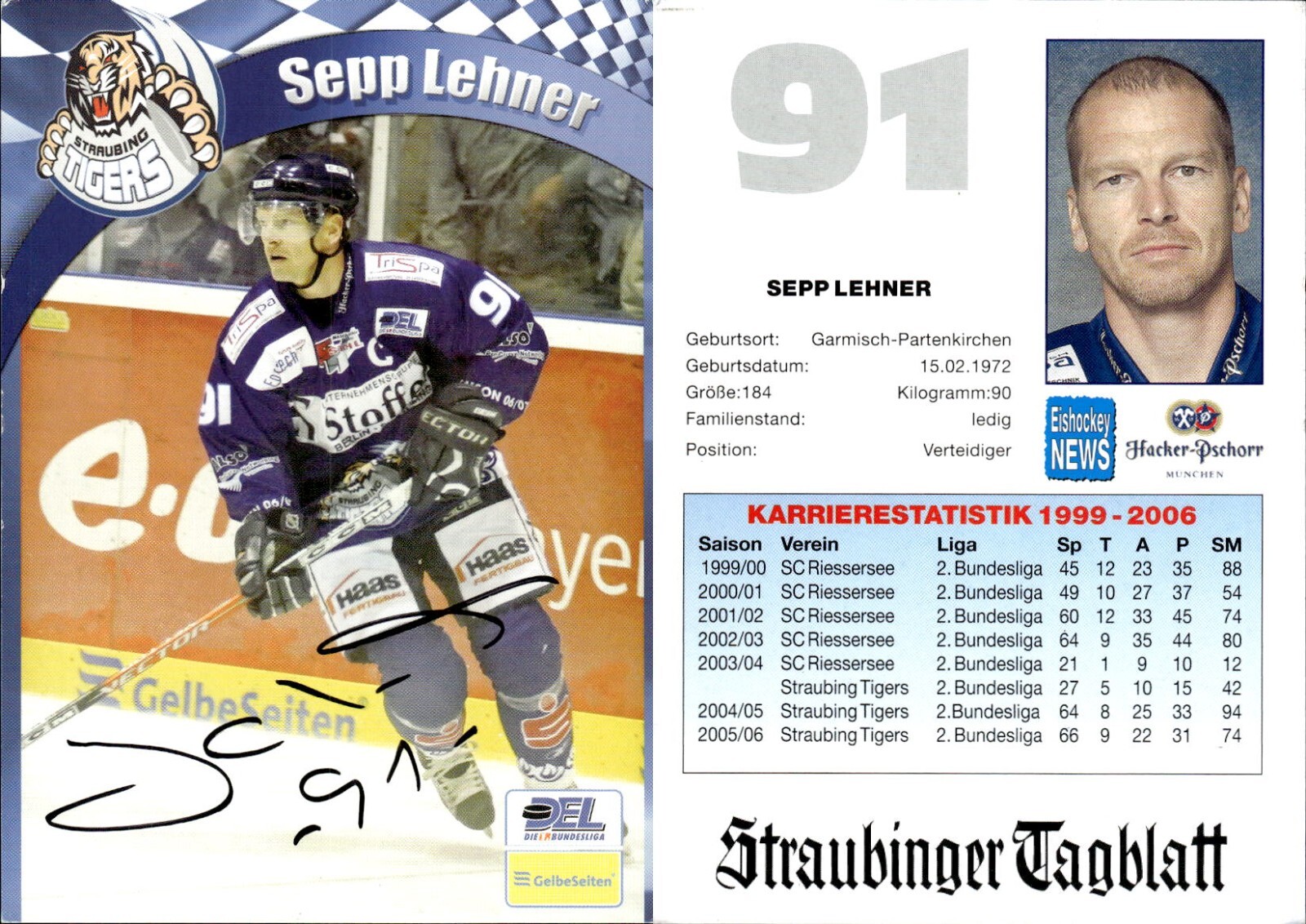 Sepp Lehner Autograph Ak Autograph Card Ice Hockey Straubing Tigers ...