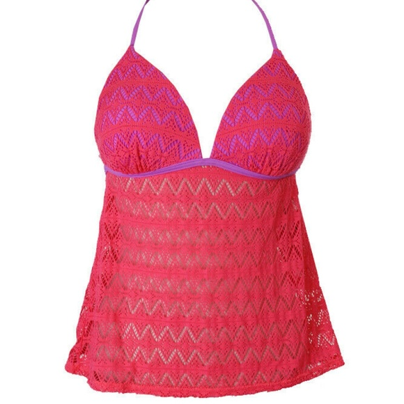 Hula Honey CORAL/LILAC Crochet Halter Tankini Swim Top, US X-Small | eBay