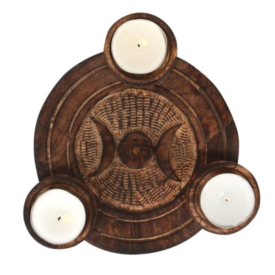 Round Wooden Triple Moon Symbol Tealight Candle Holder Pagan Wiccan ...