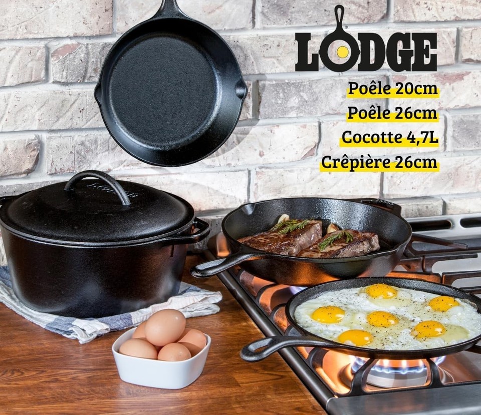 Lodge Cookware Set Black Cast Iron Round Pre-Seasoned Easy-Grip Handles ...