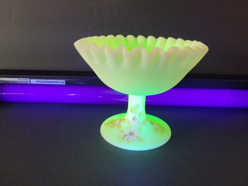 Fenton Compote Custard Glass Satin Uranium Signed Daisy Dish Painted | eBay