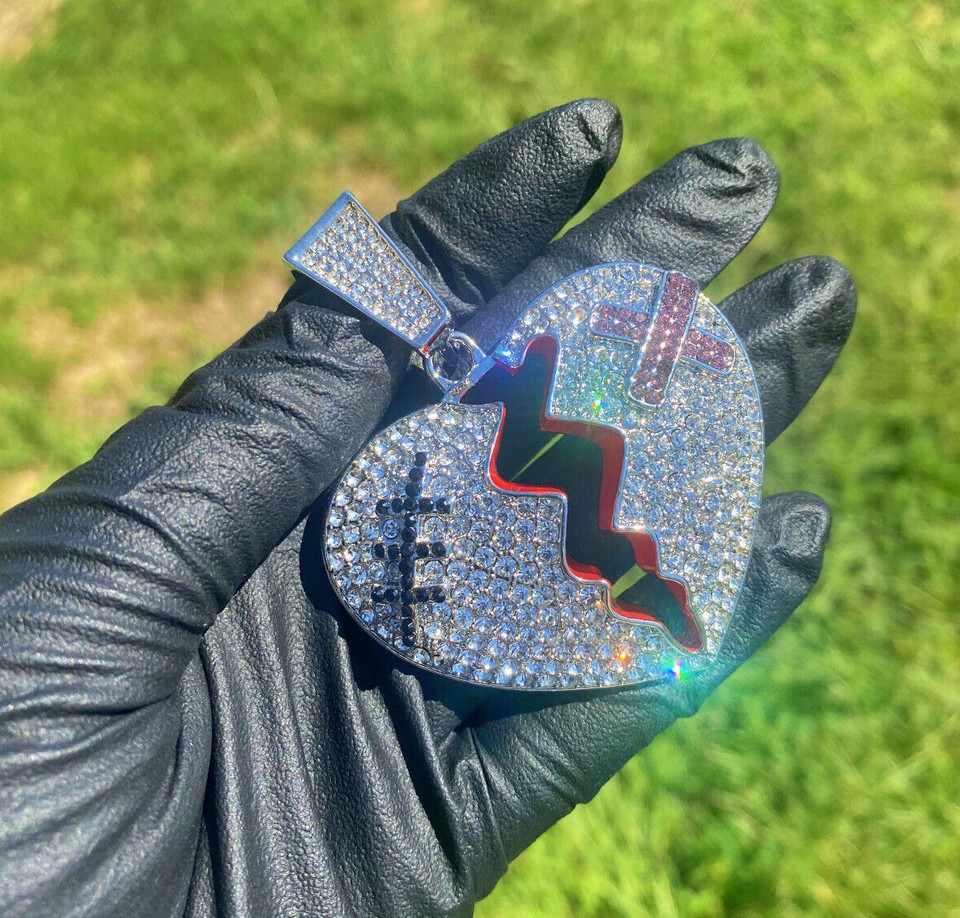 HIP HOP ICED BLING OUT LUXURY BANDED BROKEN HEART PENDANT CHARM, CUBAN ...