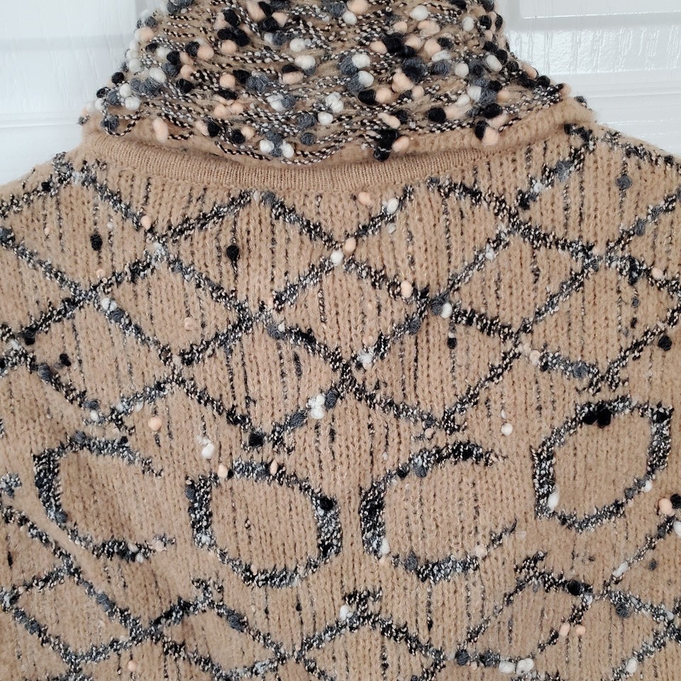 AUTH "COCO" CHANEL TAN/MULTI KNIT BOULCE WOOL BLEND COWLNECK CAMELIA ...
