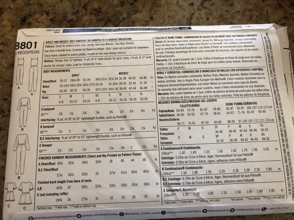 🌻 SIMPLICITY #8801-MOTHER-DAUGHTER JUMPSUIT or ROMPER PATTERN S-L & XS ...