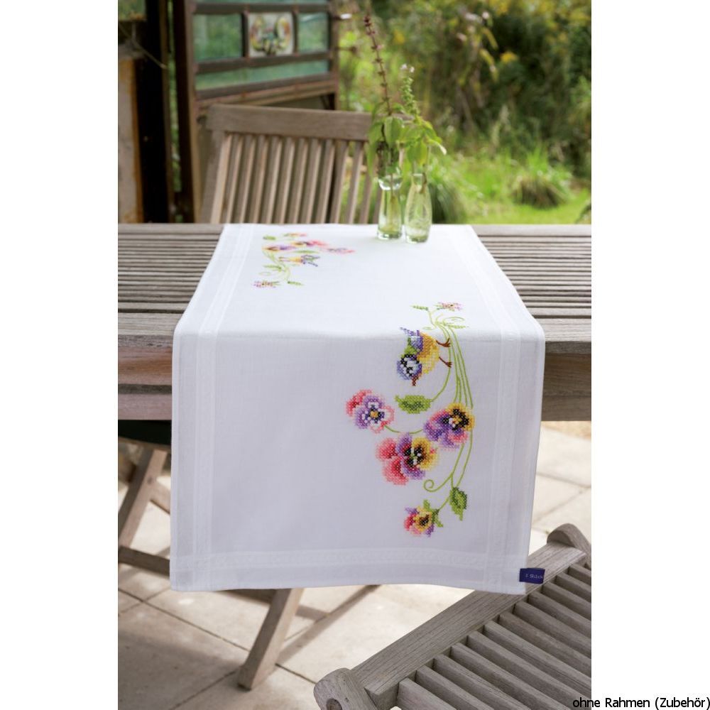 Vervaco table runner stitch embroidery kit Little Bird and pansies ...