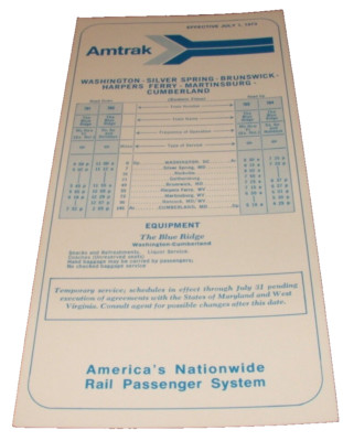 JULY 1973 AMTRAK BLUE RIDGE PUBLIC TIMETABLE WASHINGTON TO CUMBERLAND ...