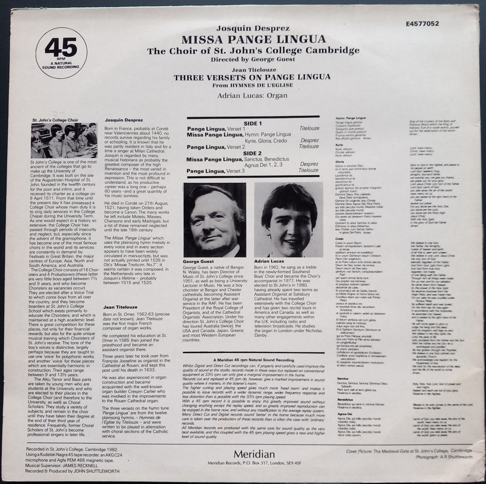 Desprez - Missa Pange Lingua, GEORGE GUEST, Meridian, 45 RPM ...