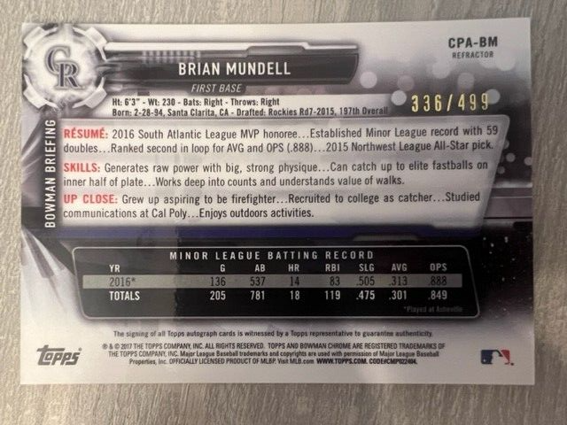 2017 Bowman Chrome Brian Mundell ( Rockies ) #CPA-BM Rookie Auto ...