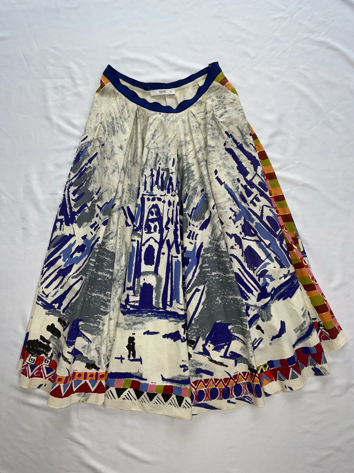 Prada Vintage Spring 2004 Postcard Cathedral Print Cotton Circle Midi ...