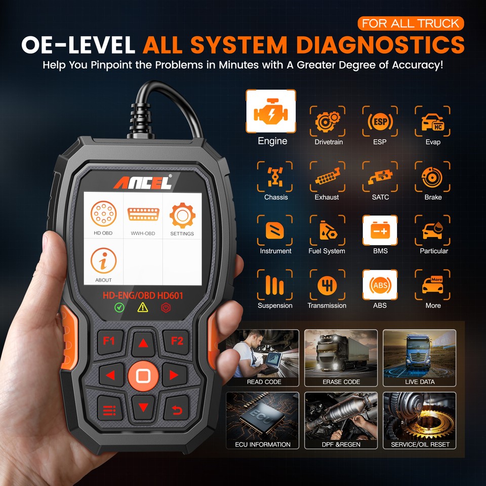 ANCEL HD601 Diesel Truck OBD Scanner Engine Check Heavy Duty Diagnostic ...
