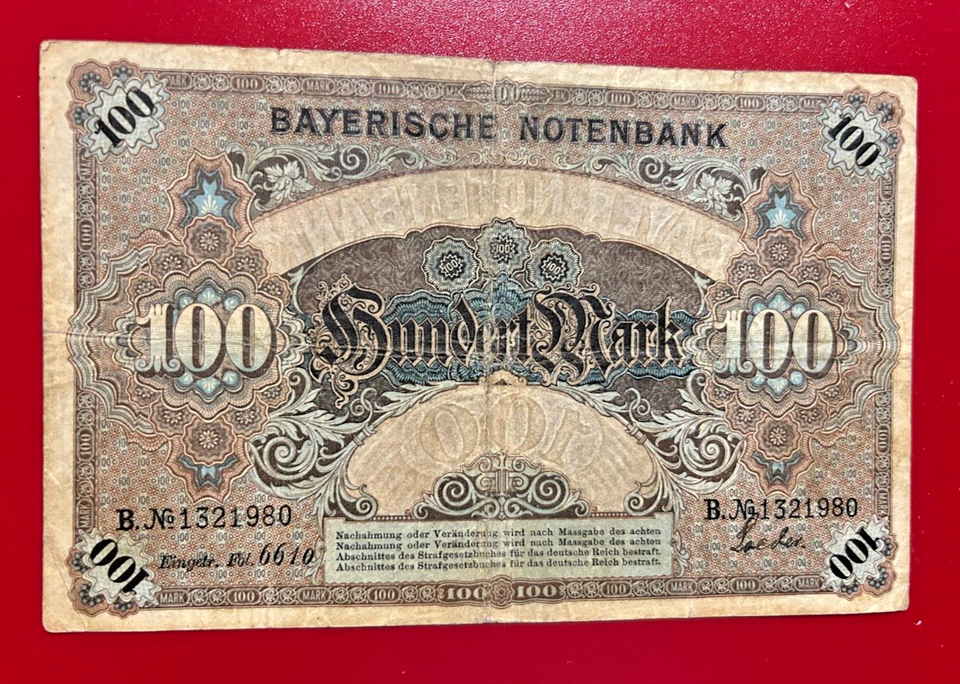 1900 GERMANY BAYERISCHE BANKNOTE 100 MARK HUNDERT MARK - NICE WORLD ...