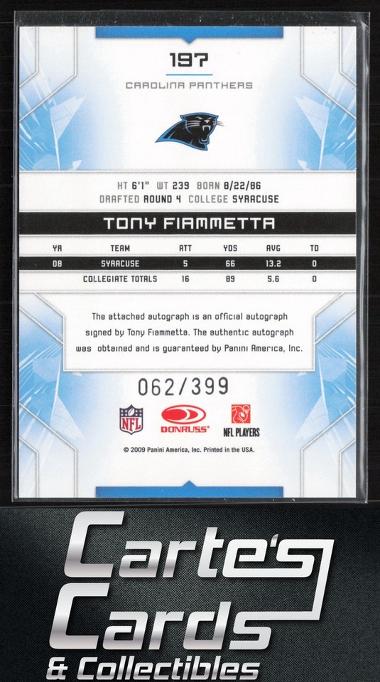 Tony Fiammetta 2009 Donruss Limited #197 Phenoms Panthers Rookie Auto ...
